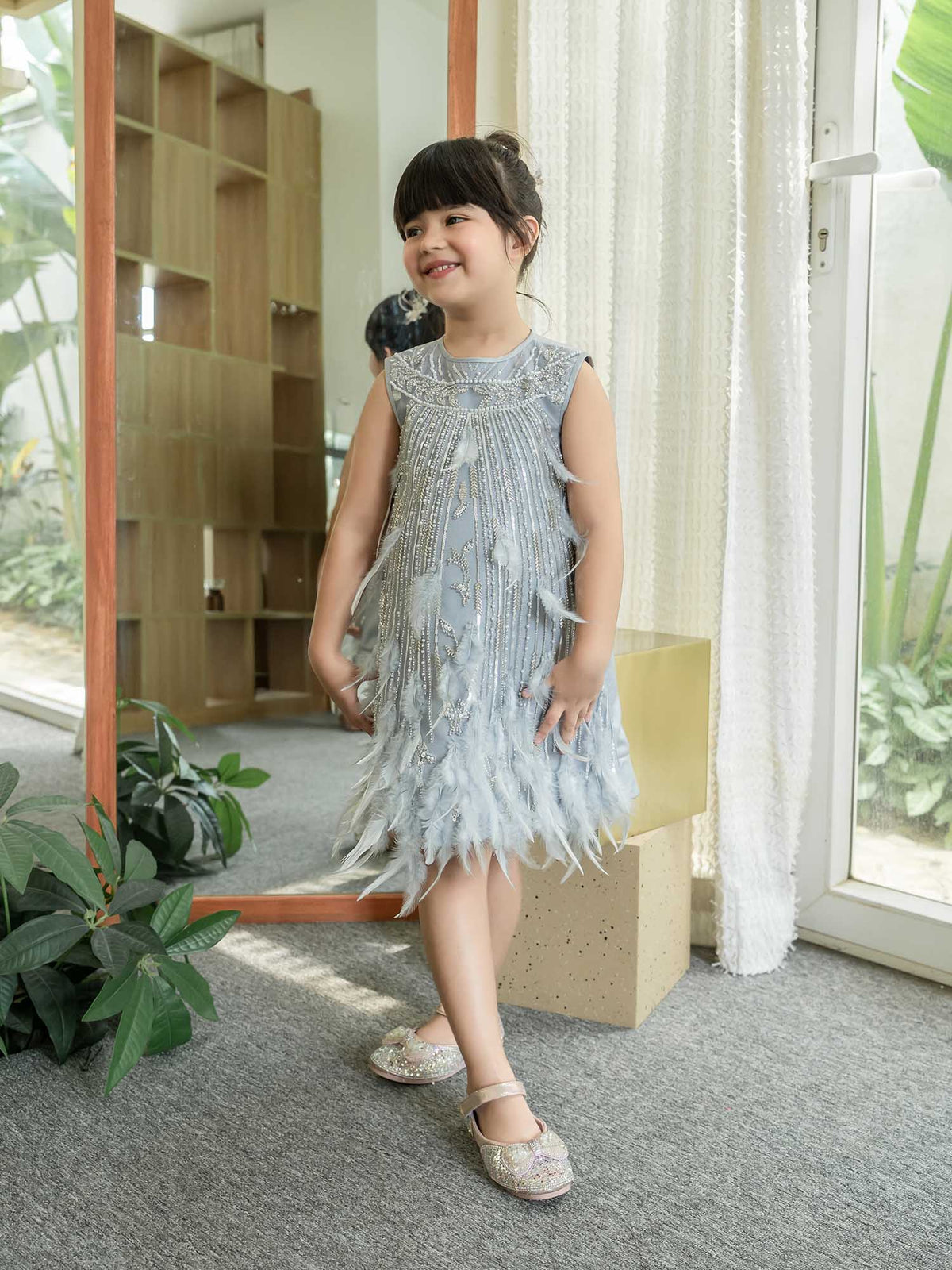 JANYAS CLOSET Couture Grey Feather Party Dress for Girls